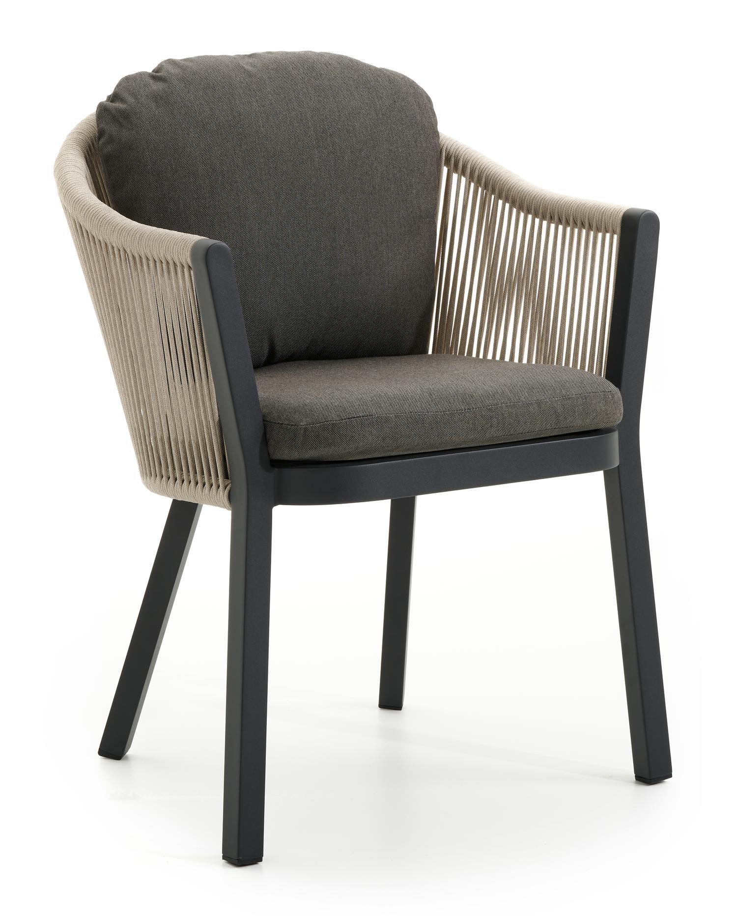 Nano tuinstoel in zwart aluminium en beige verticaal geweven ronde rope ...