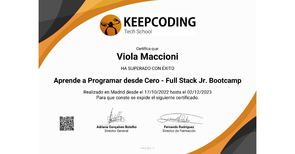 Aprende a Programar desde Cero - Full Stack Jr. Bootcamp issued by KeepCoding to Viola Maccioni