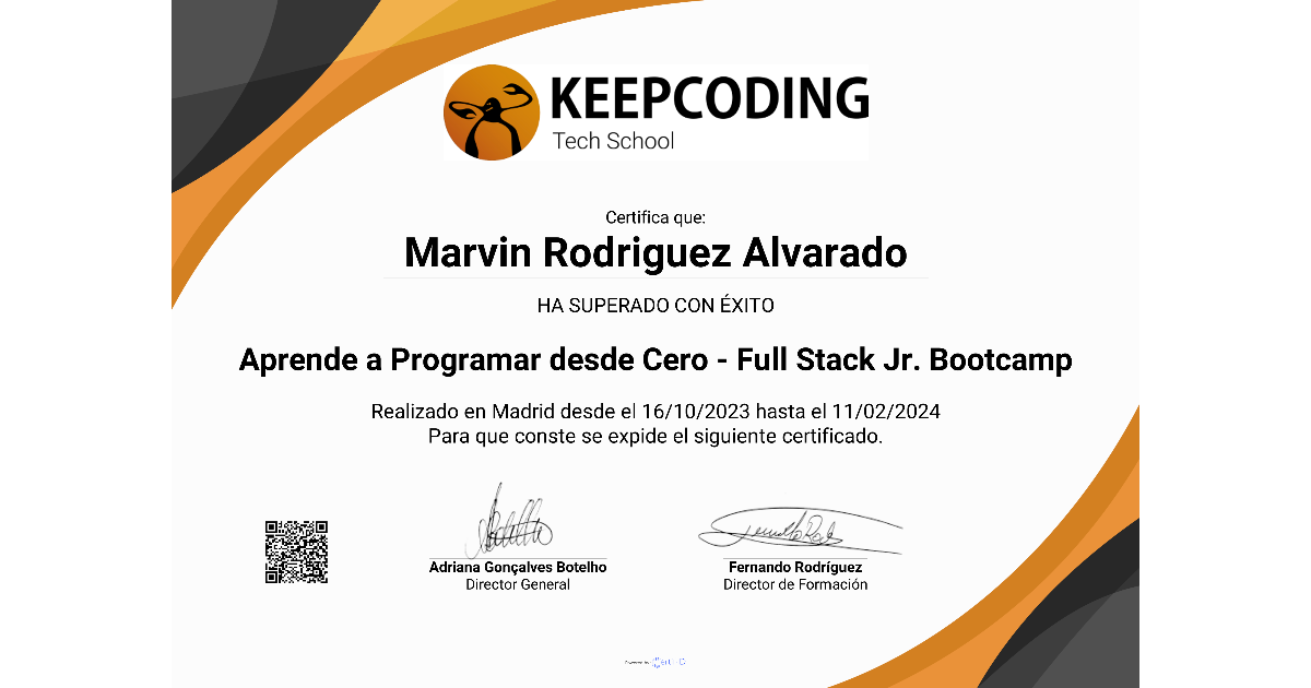 Aprende a Programar desde Cero - Full Stack Jr. Bootcamp issued by KeepCoding to Marvin ...