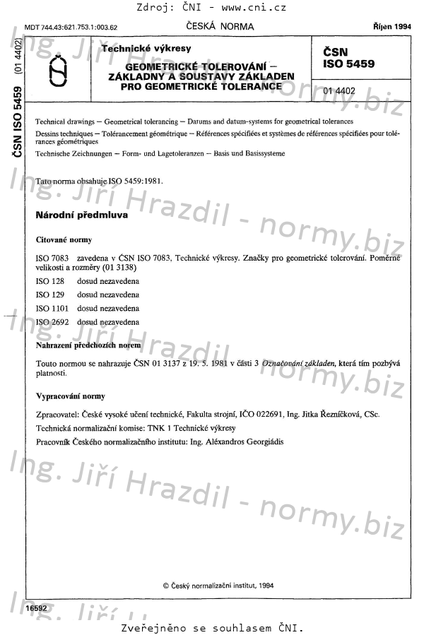 ČSN ISO 5459 (014402) - Technické výkresy. Geometrické tolerování ...