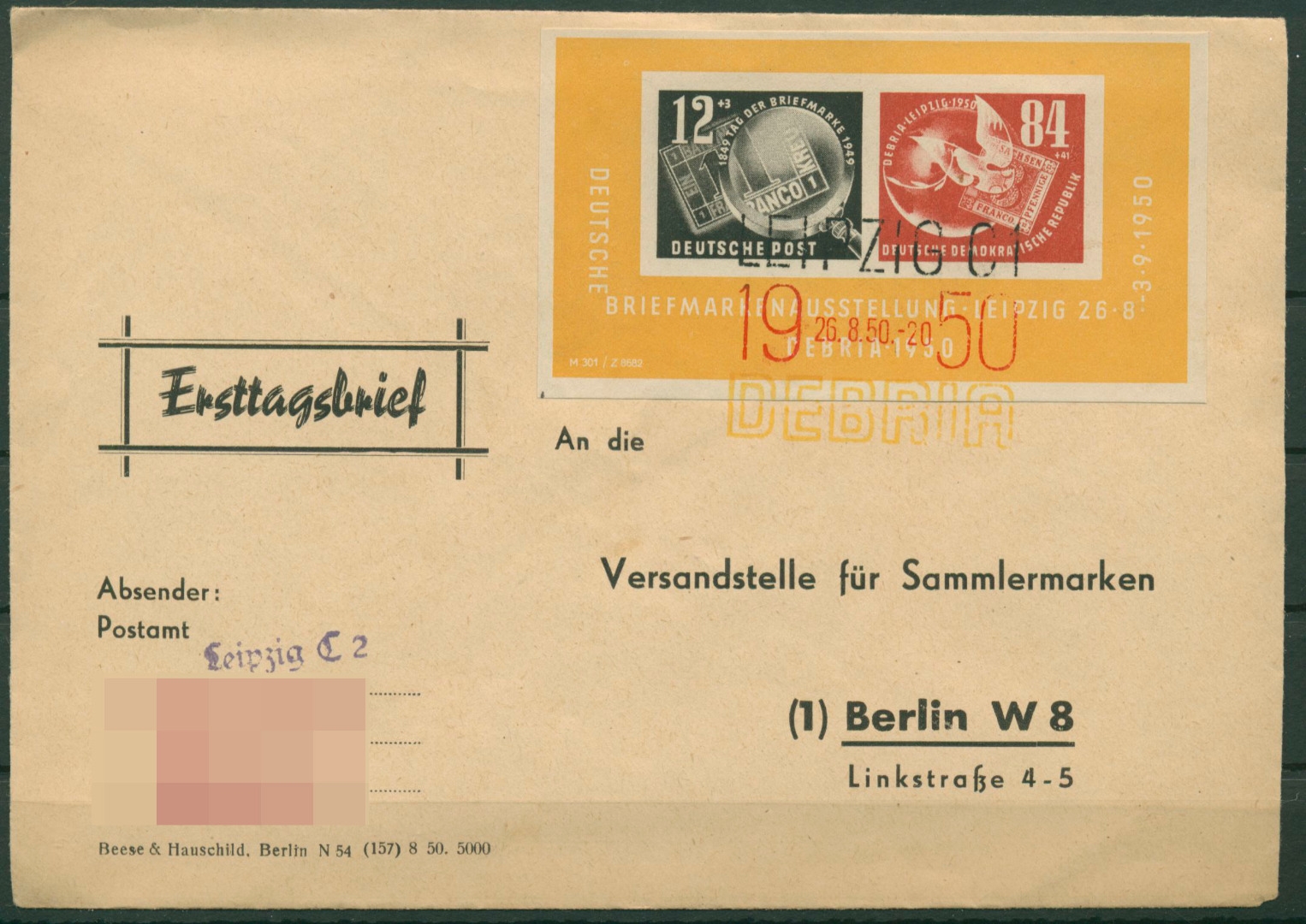 DDR 1950 Briefmarken-Austellung DEBRIA Ersttagsbrief Block 7 SST FDC (T16761) - Briefmarken Dr ...