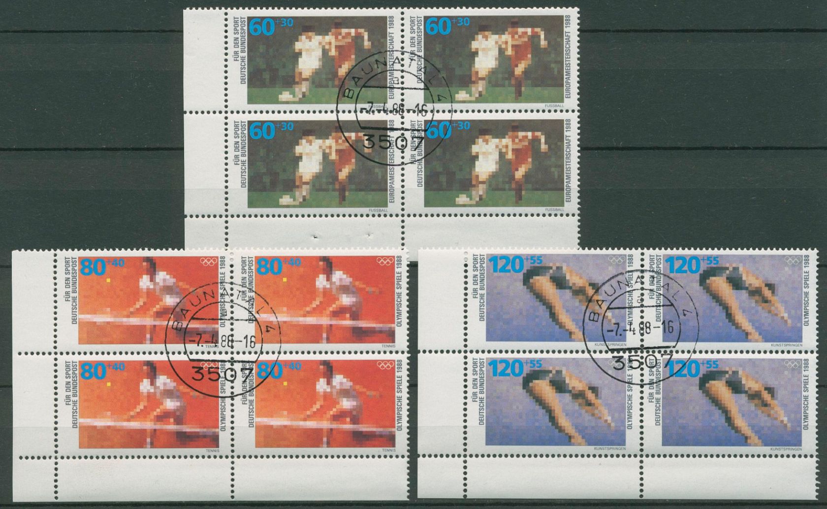 Bund 1988 Fußball-EM Olympiade 1353/55 4er-Block Ecke 3 gestempelt (R80212) - Briefmarken Dr ...