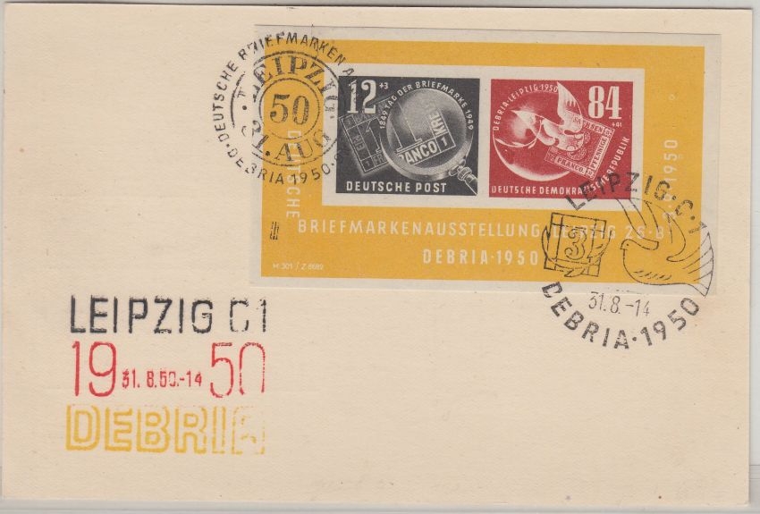 DDR - DEBRIA Block 1950 Karte m. 3 versch. SST Leipzig - ungelaufen - Postgeschichte Kemser