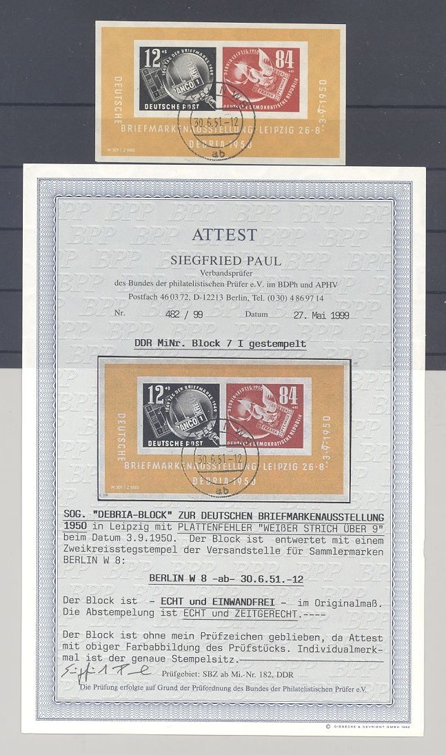 DDR Block 7 I, Debria Block 1950 mit Plattenfehler I gestempelt, FA BPP - Briefmarken ...